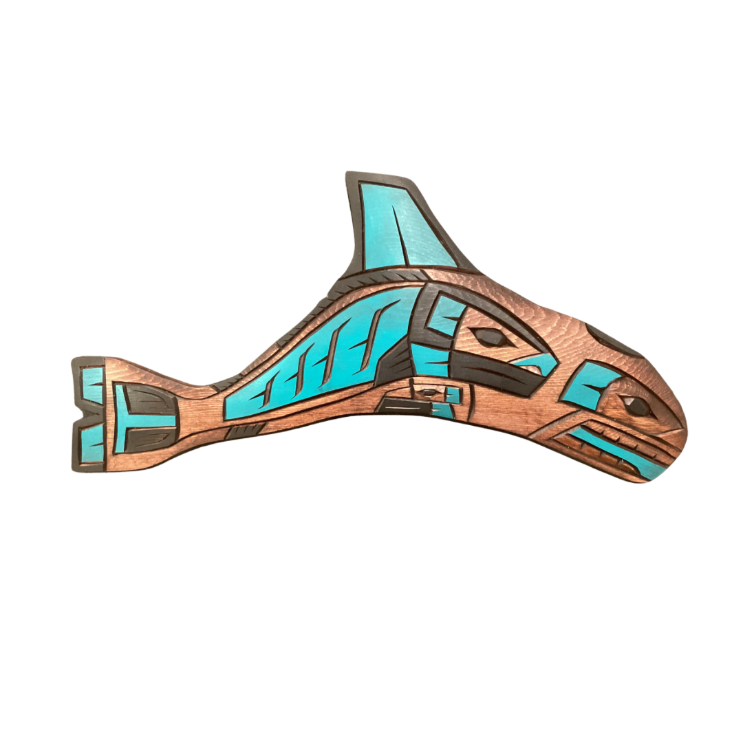 Hand Carved Plaque Large Whale with Salmon and Raven (Red) Delbert ...